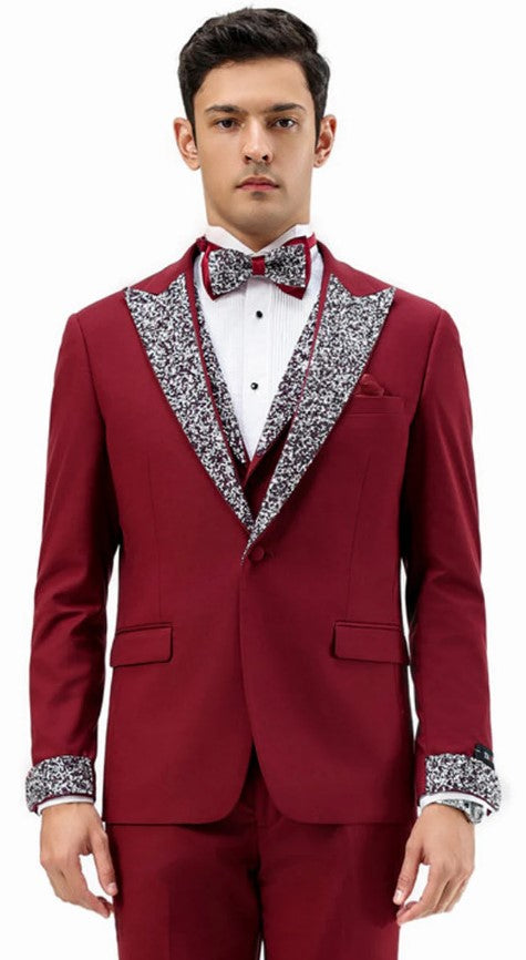 Burgundy Prom Tuxedo - Perfect Wedding Suit Vested Rhinestone Lapelled ...