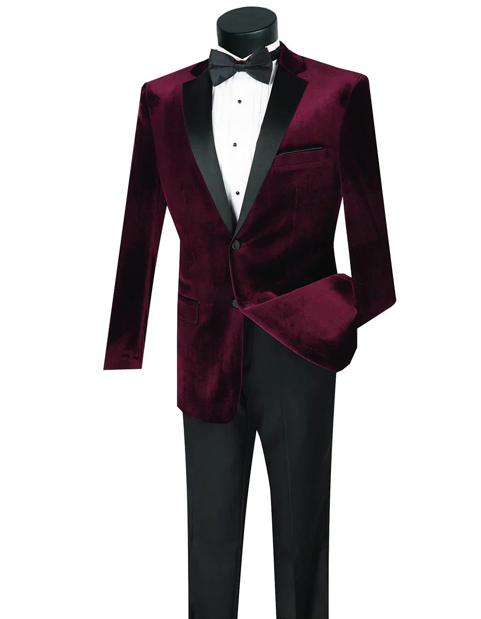Mens Velvet Two Button Notch Prom Tuxedo in Burgundy — MensUSA