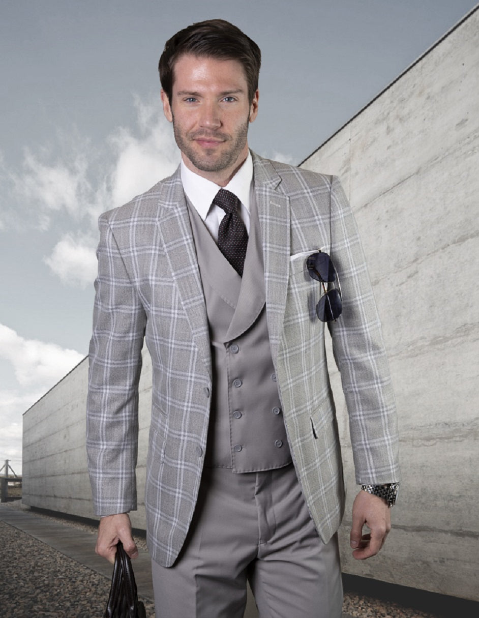 Mens Vested Classic Fit Double Breasted Vest Suit in Grey Plaid — MensUSA