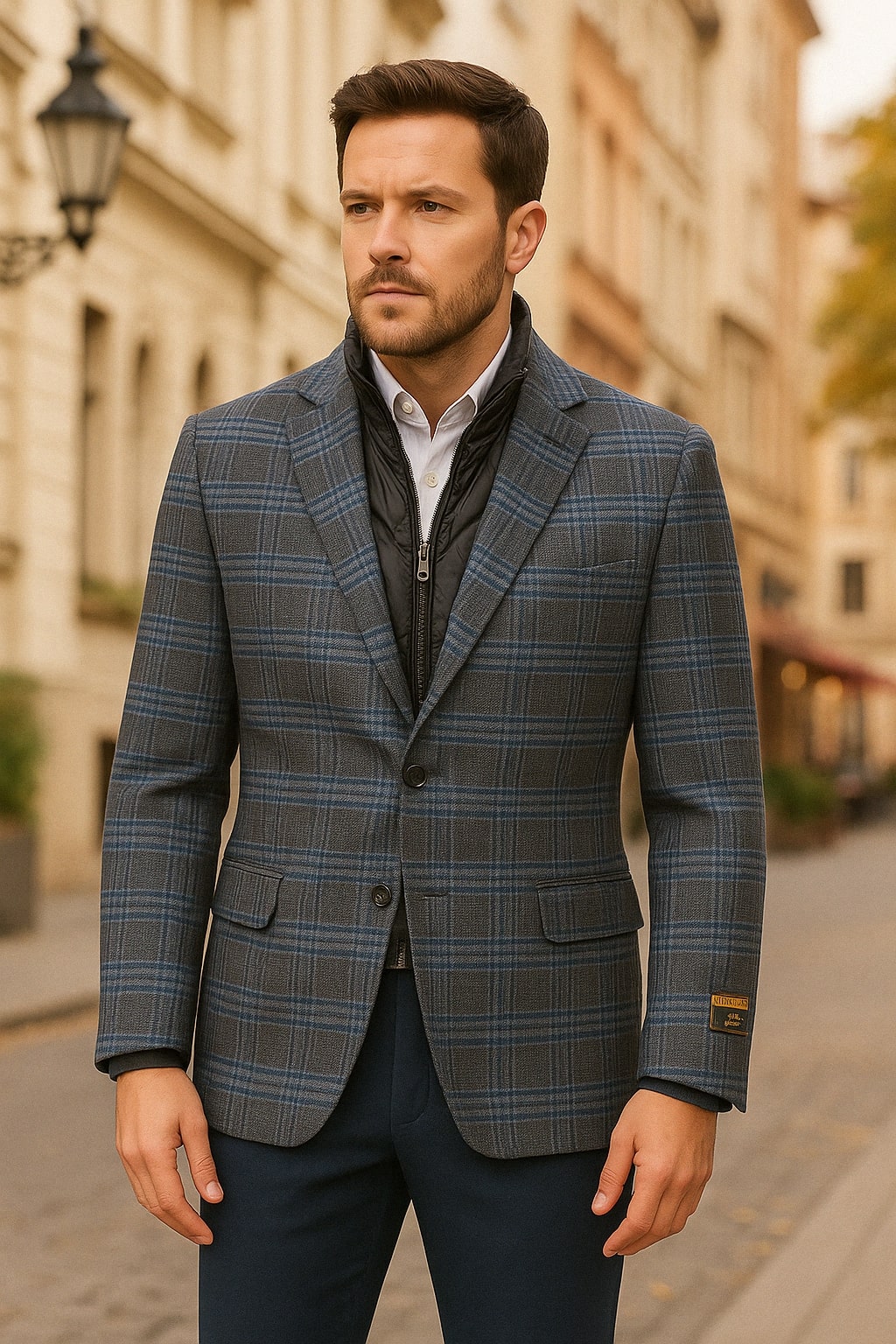 Men’s Blue & Grey Checkered Wool Blazer with Quilted Inner Layer – Alb ...