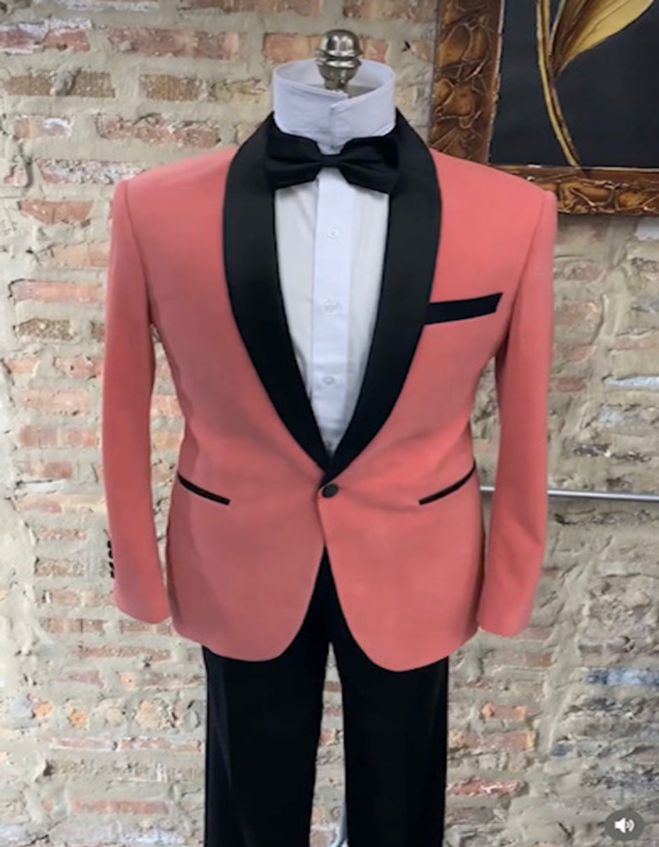 Men’s Coral Pink Tuxedo Jacket with Black Satin Shawl Lapel Velvet Fab ...