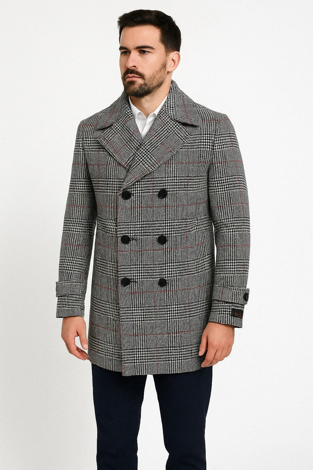 Mens Double-Breasted Houndstooth Plaid Overcoat in Black, White, and R ...
