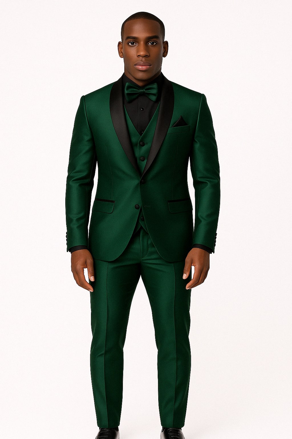 Mens Emerald Green Tuxedo with Black Satin Shawl Lapel – 3 Piece Forma ...
