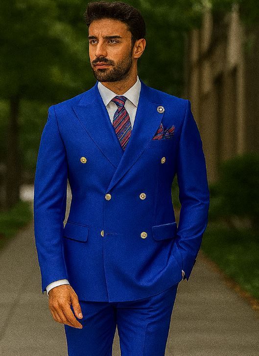 Mens Royal Blue Double Breasted Suit - 100% Suit - 100% Percent Wool F ...