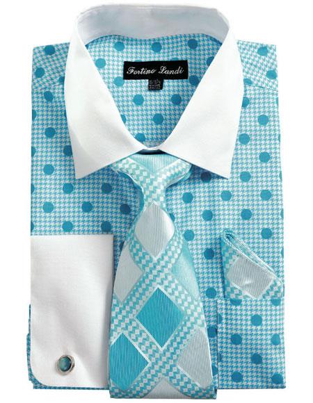 White Collared French Cuffed Blue & Tie Set Men's Dress Shirt — MensUSA