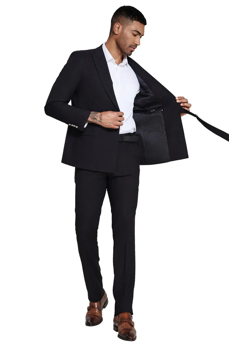 Mens French Front Peak Lapel Strapped Slim Fit Suit in Black — MensUSA