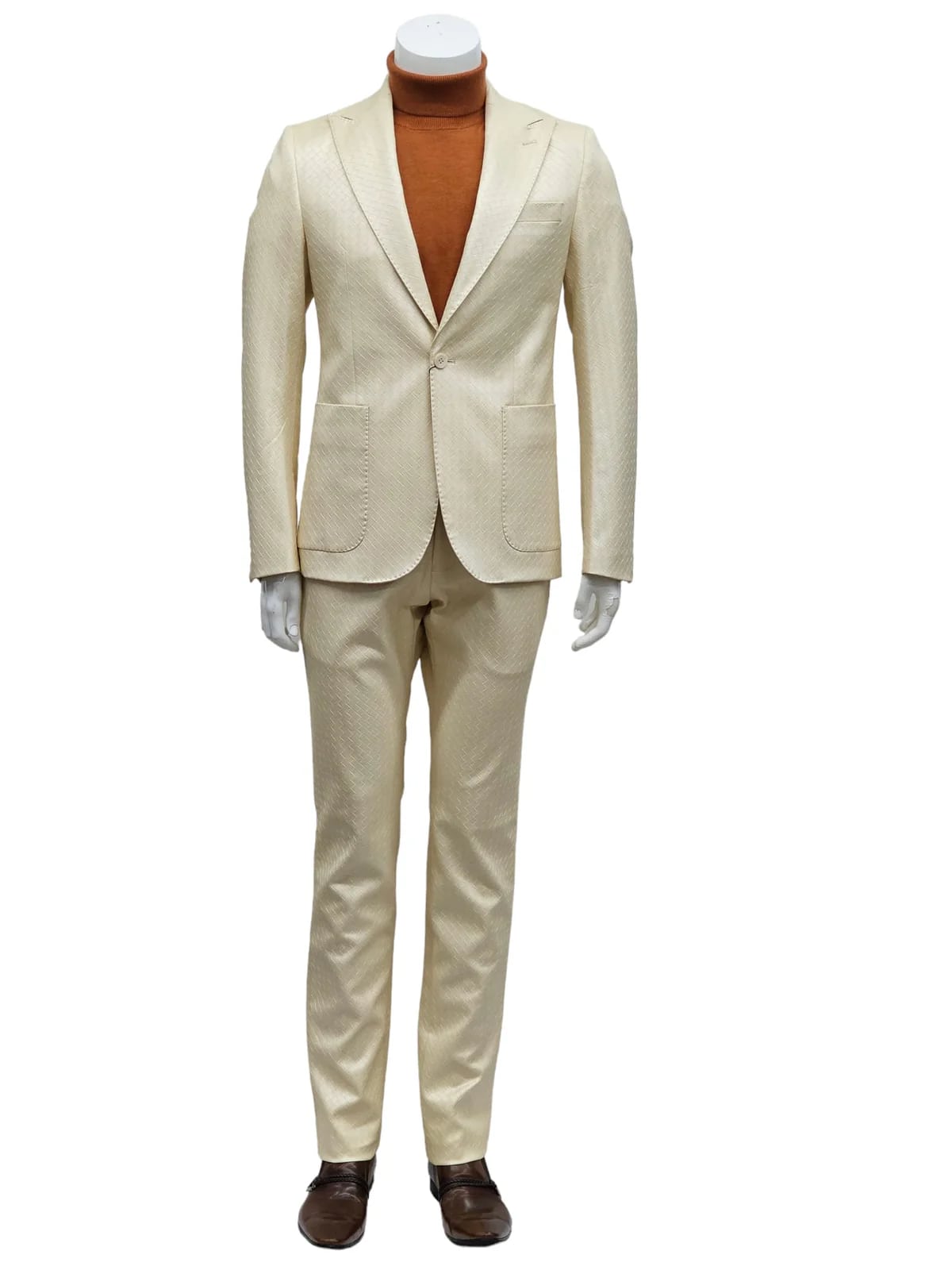 Mens One Button Peak Lapel Basket Weave Pattern Slim Fit Suit Ivory ...