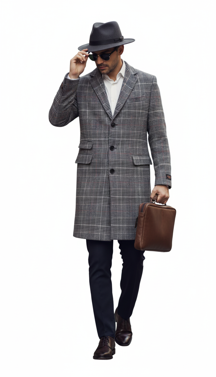 Mens Plaid Overcoat - Checkered Carcoat - 100% Wool Three Quarter Peac ...