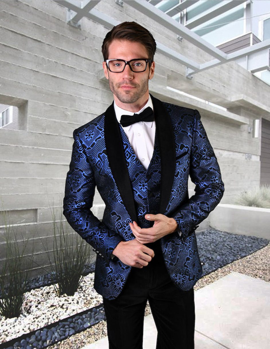 Mens Vested One Button Geometric Print Prom Tuxedo in Royal Blue — MensUSA