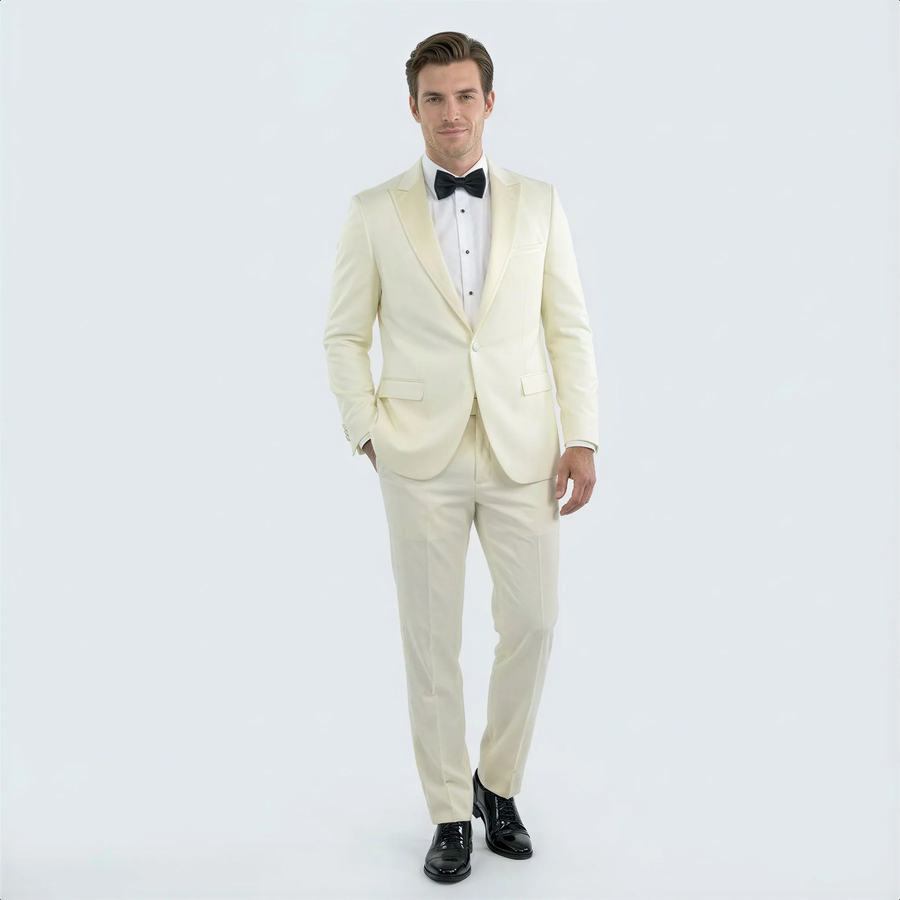 Men’s Ivory Slim Fit Tuxedo | Peak Framed Lapel Wedding Suit — MensUSA