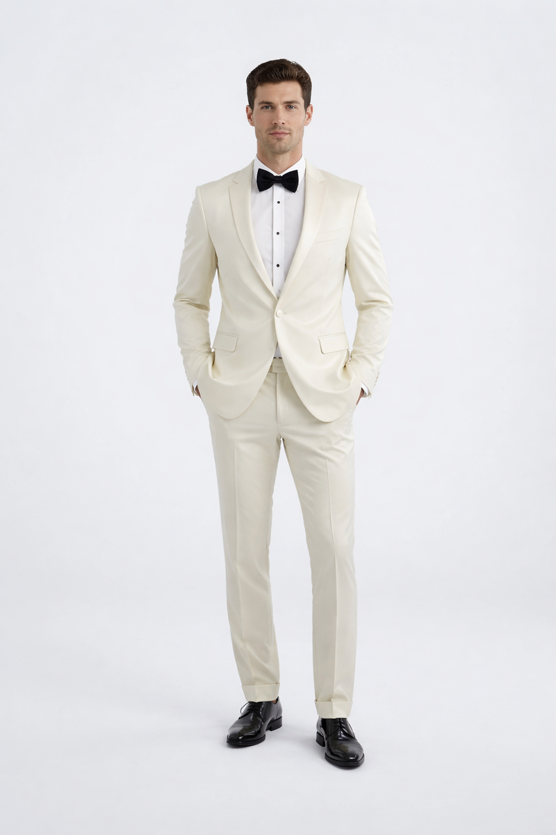 Men’s Ivory Slim Fit Tuxedo | Peak Framed Lapel Wedding Suit — MensUSA