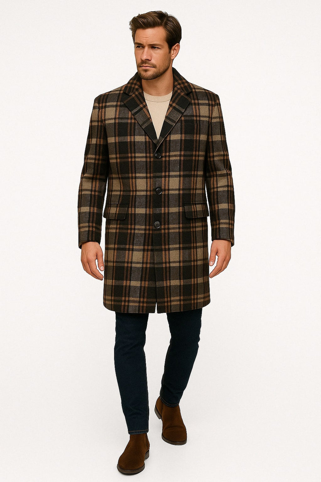 Mens Plaid Wool Overcoat – Khaki and Brown and Cream Check Pattern Win ...