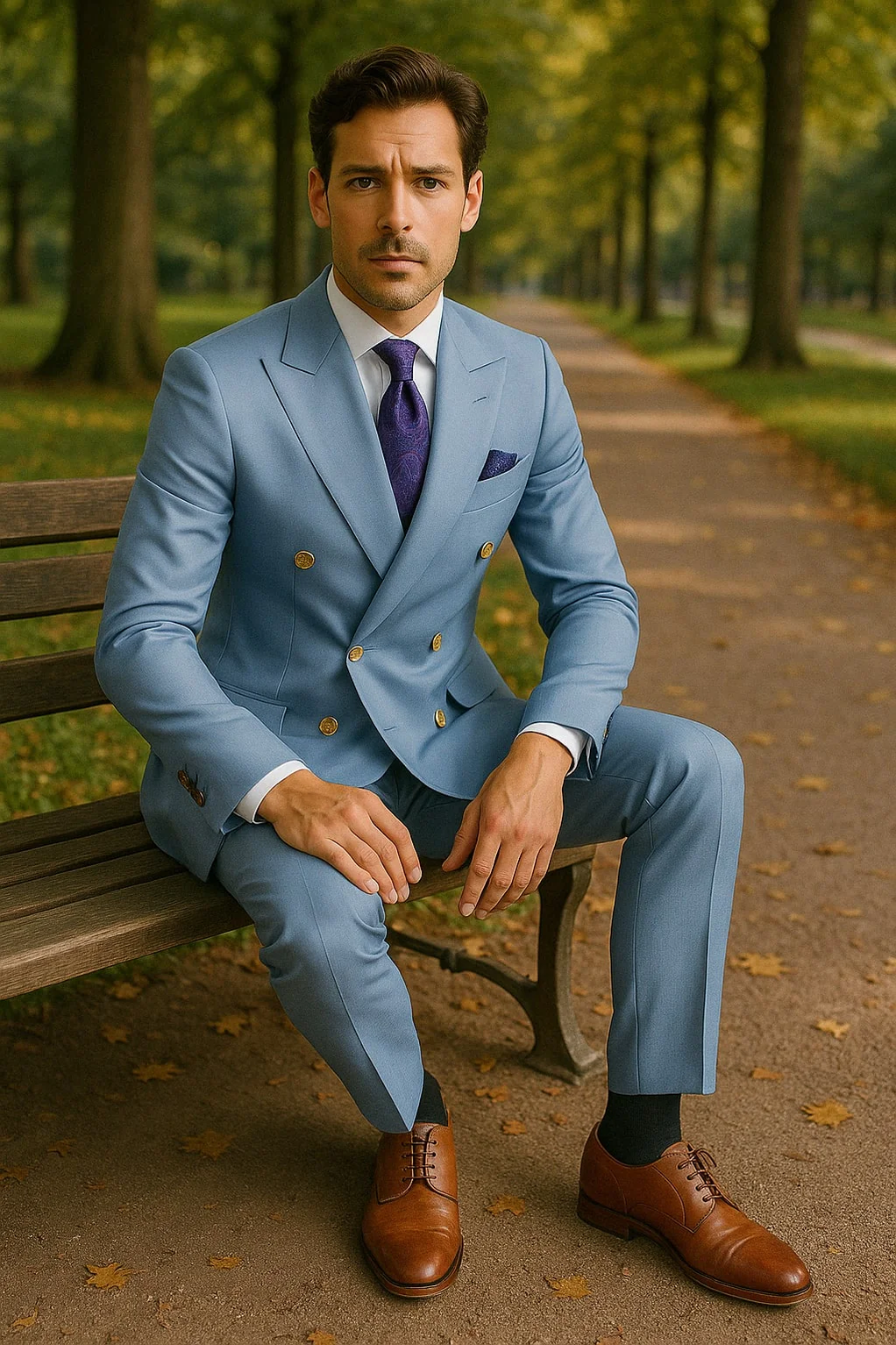 Mens Light Blue Double-Breasted Suits with Gold Button – Slim Fit 2-Pi ...