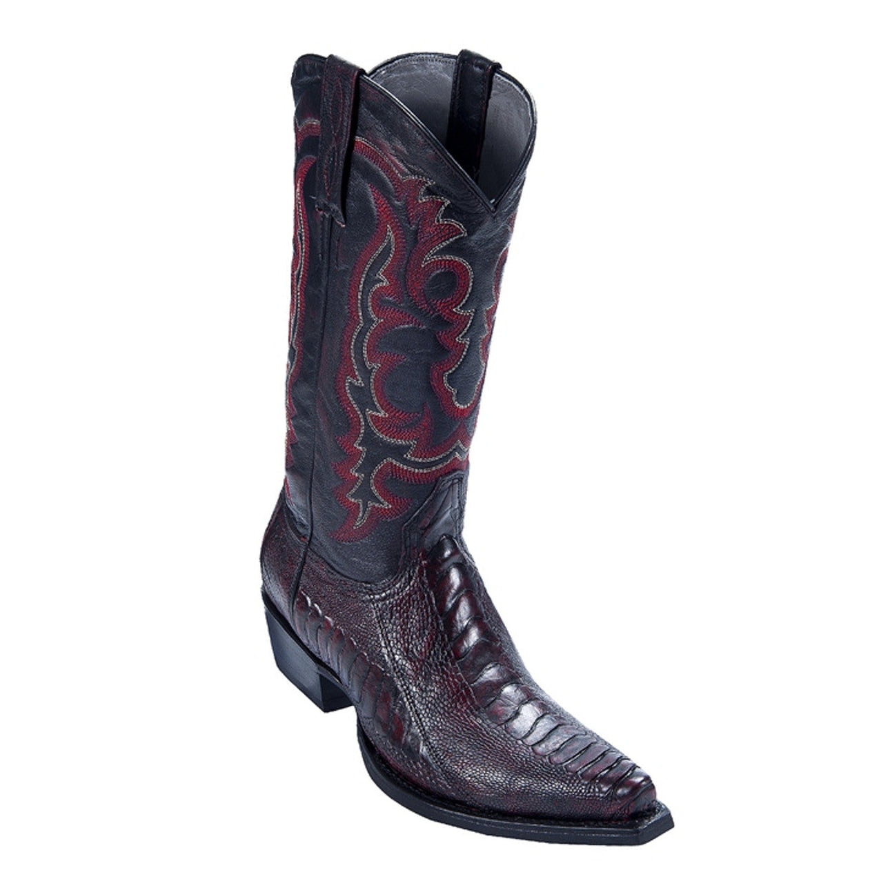 Los Altos Men's Black Cherry Genuine Ostrich Leg Snip Toe Boots — MensUSA