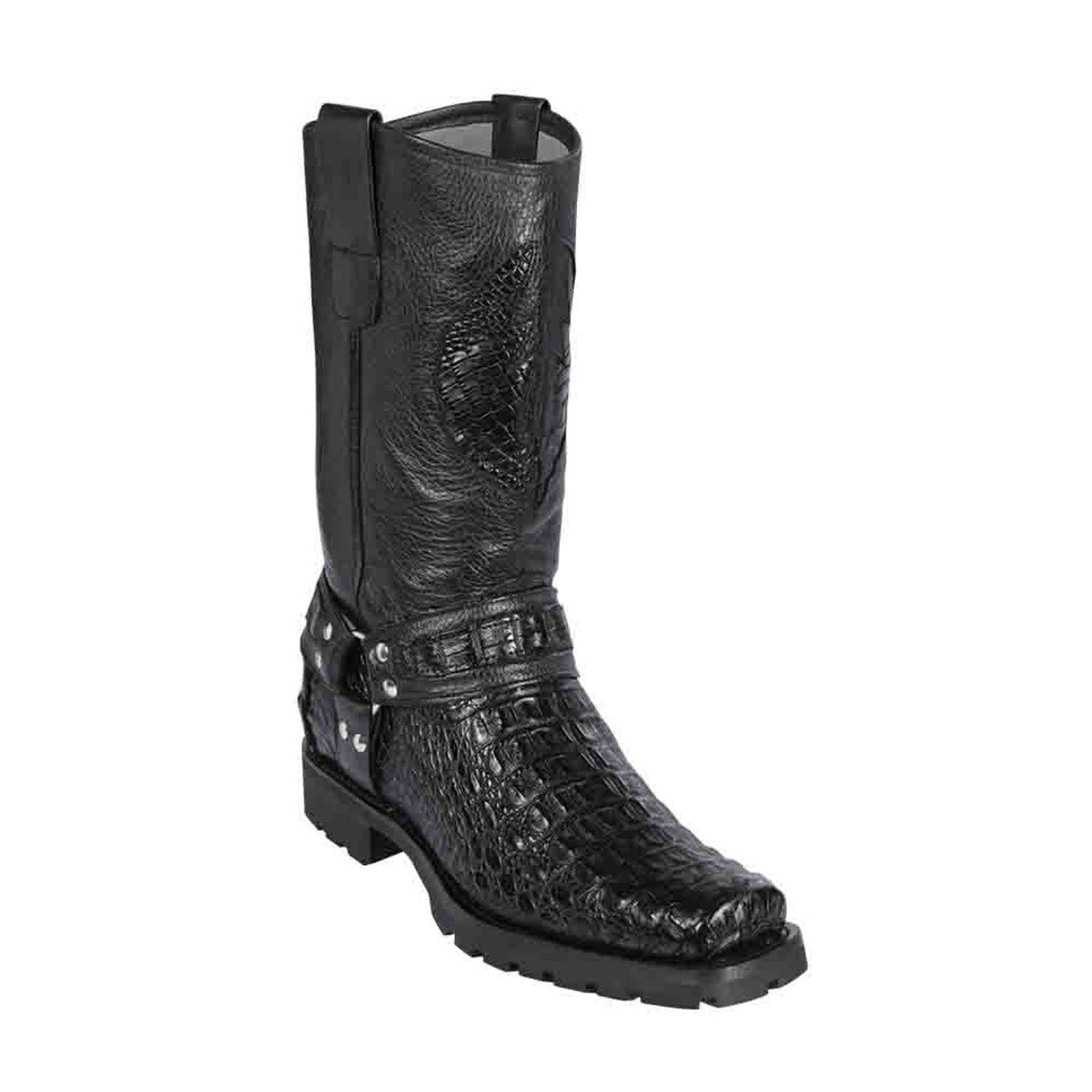 Los Altos Men's Black Genuine Caiman Leather Biker Boots — MensUSA
