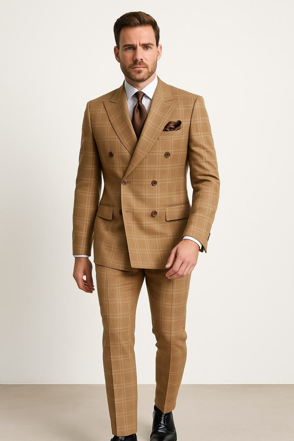 Men's Tan Plaid Double-Breasted Suit – Classic Windowpane Two-Piece Fo ...