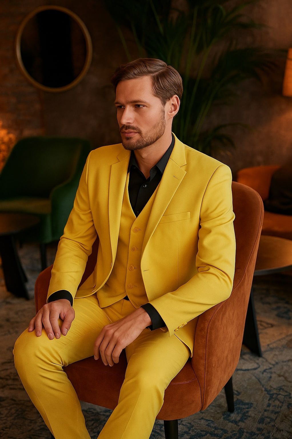 Men's Yellow 3-Piece Suit with Black Dress Shirt – Modern Slim Fit For ...