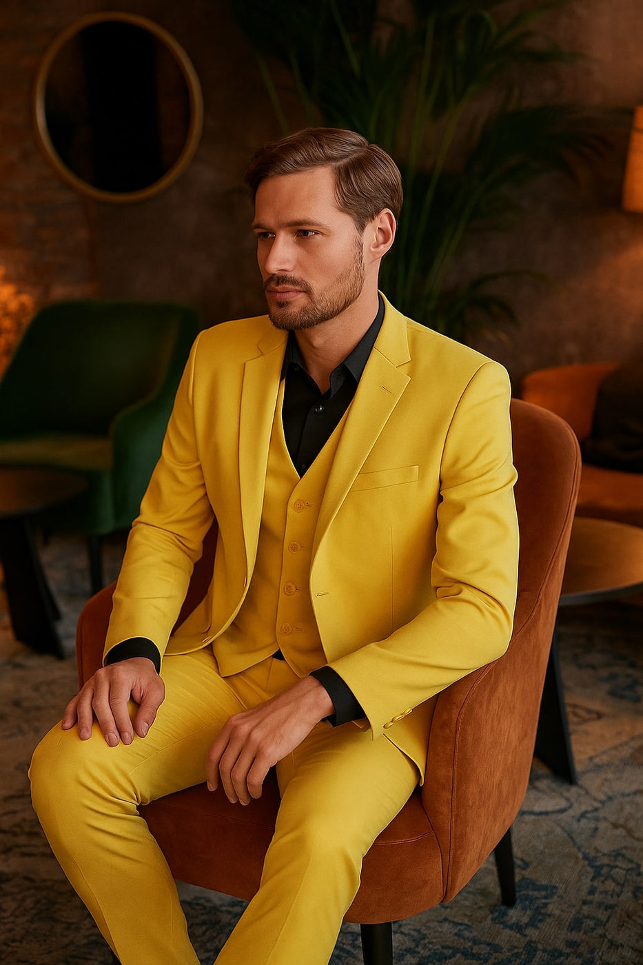 Men's Yellow 3-Piece Suit with Black Dress Shirt – Modern Slim Fit For ...