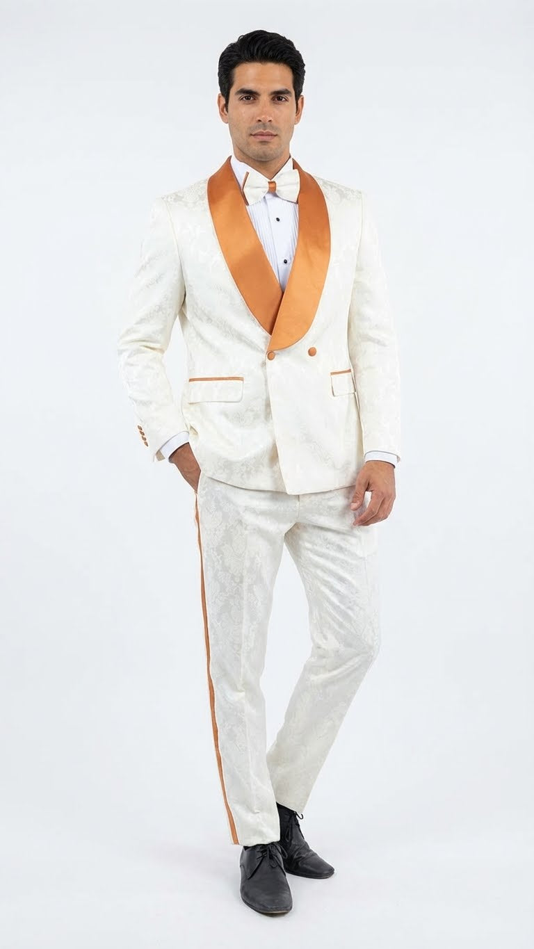 Men's Ivory and Gold Jacquard Tuxedo Suit + Bowtie – Formal Wedding, P