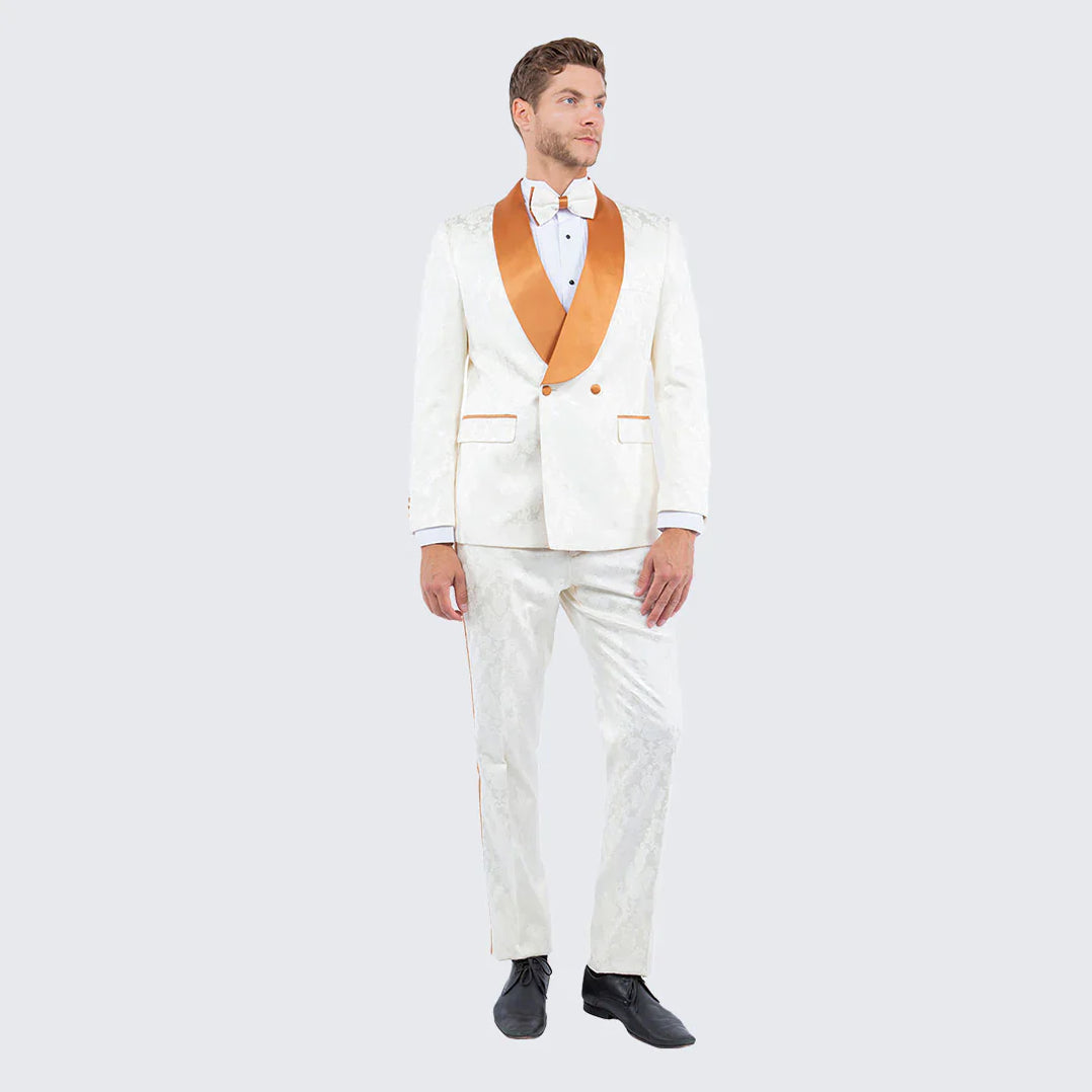 Men's Ivory and Gold Jacquard Tuxedo Suit + Bowtie – Formal Wedding, P