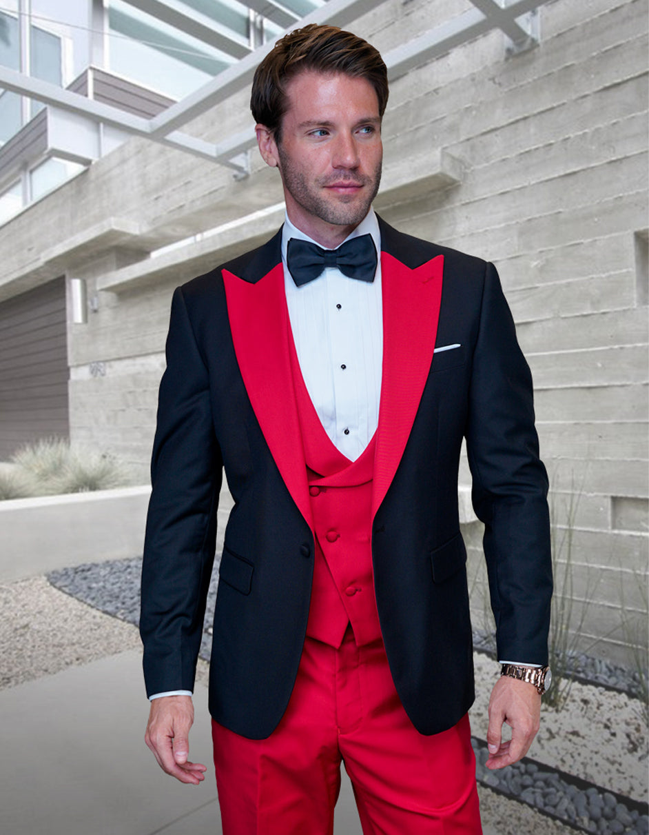 Mens Wool Vested Wide Contrast Peak Black and Red Wedding Tuxedo — MensUSA