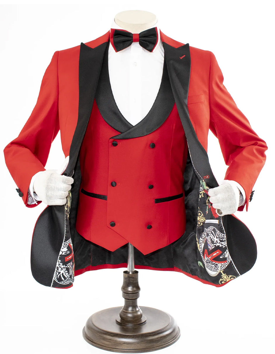 Mens 2 Button Peak Lapel Prom Red Tuxedo with Double Breasted Vest ...