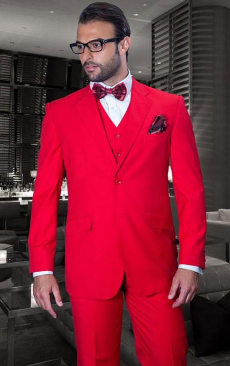 Classic 3 Piece 2 Button Solid Red Men's Suit Extra Fine Italian Red ...