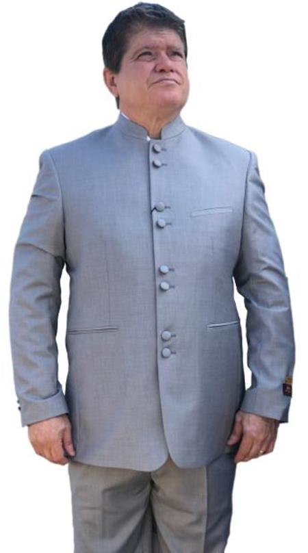 Alberto Nardoni Light Grey ~ Gray Mandarin Banded No Collar Suit — MensUSA