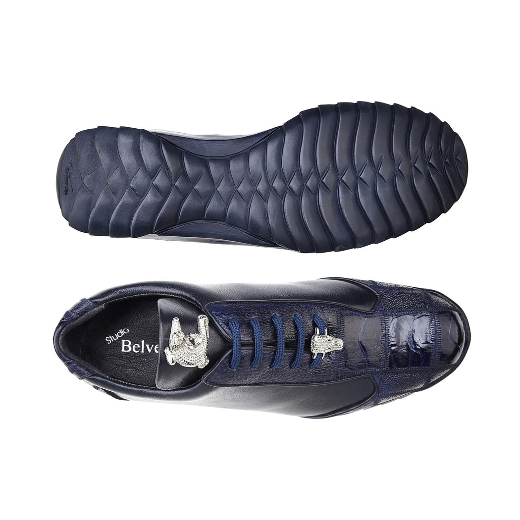Belvedere Paulo Sneaker Navy Patchwork – Calf & Ostrich Leg Men’s Shoe ...