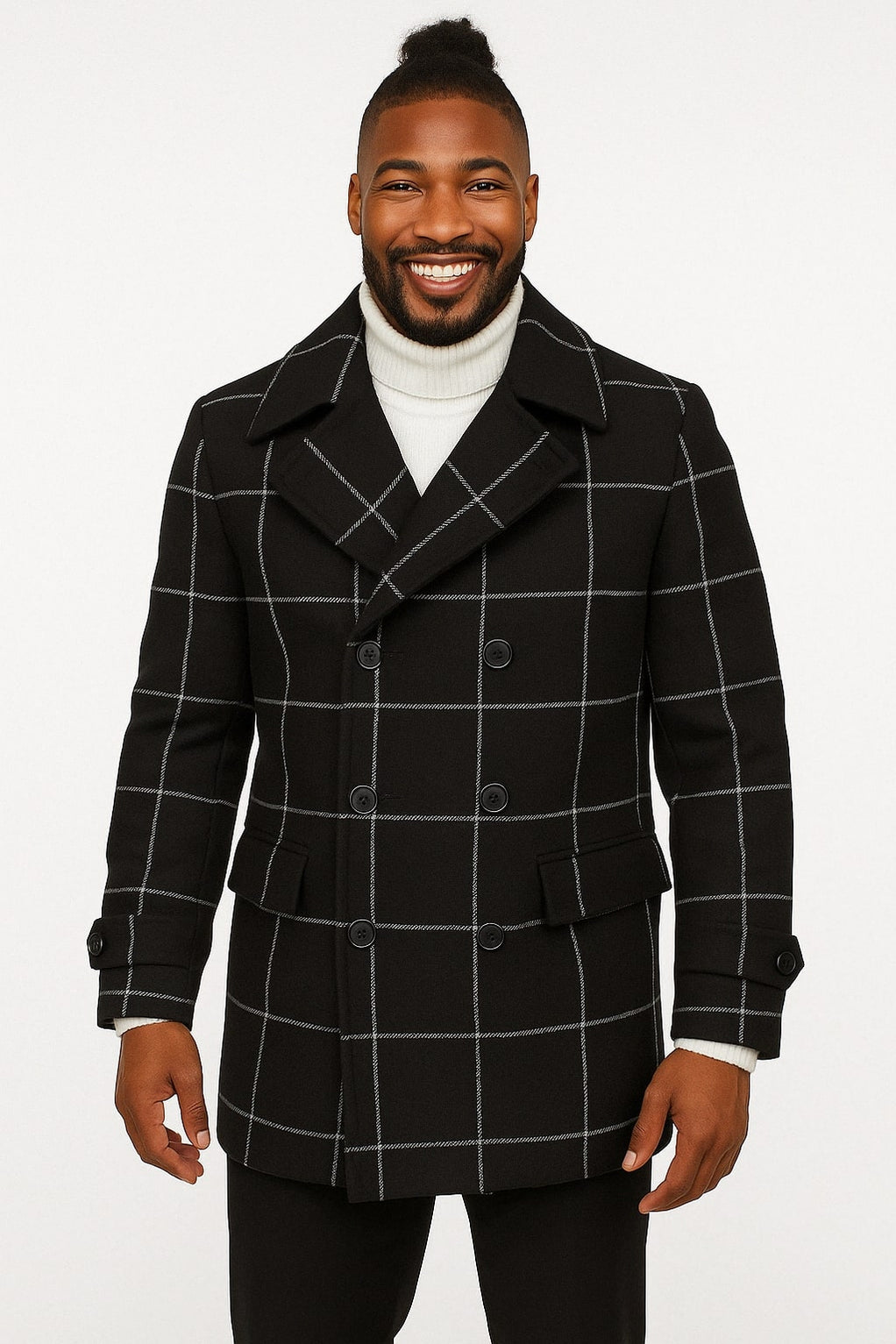 Mens Black Windowpane Check Wool Overcoat – Double-Breasted Winter Pea ...