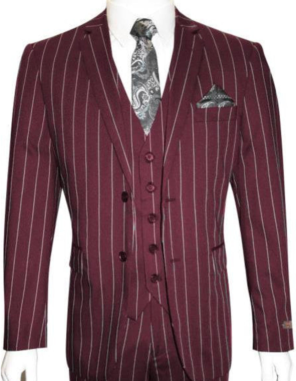 Mens 2 Button Gangster Pinstripe Suit in Burgundy — MensUSA
