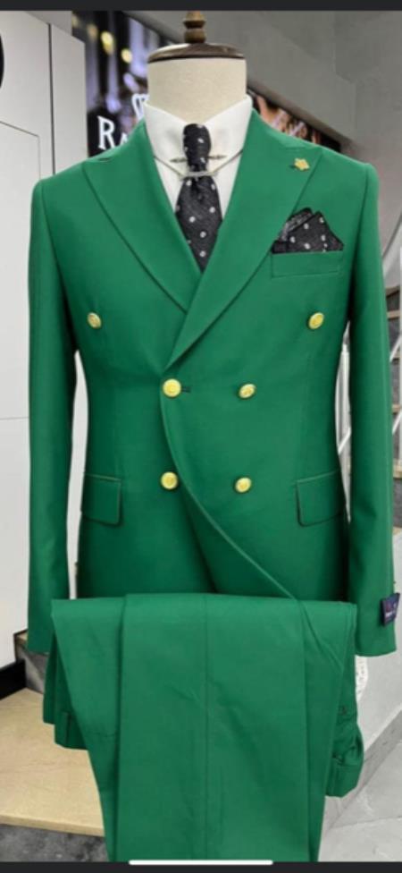Mens Double Breasted Suits Gold Buttons - 100% Wool Emerald Green Suit ...