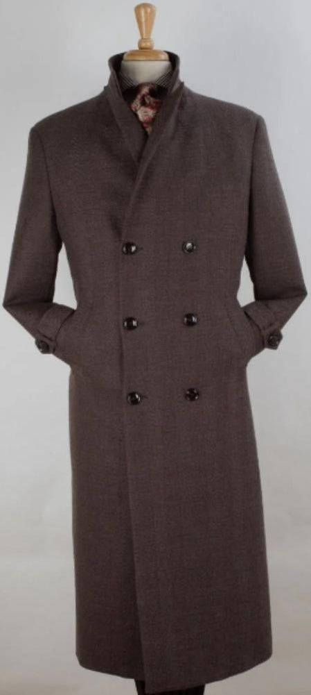 Mens Full Length Length Top Coat - Double Breasted Brown Herringbone ...