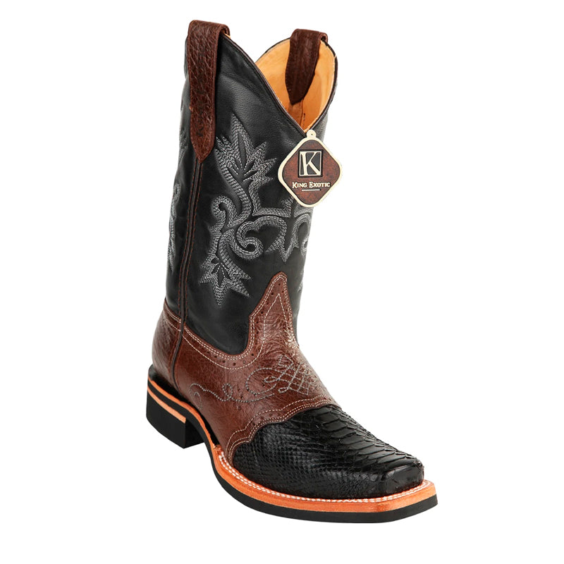 Men's King Exotic Python Boots Rubber Sole & Saddle Vamp Square Toe Bl — MensUSA