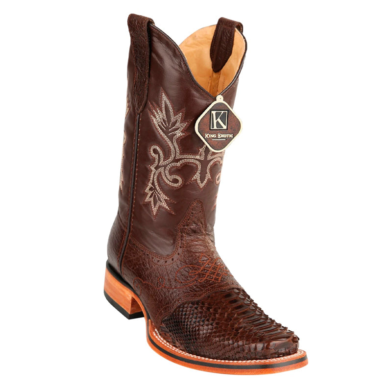 Men's King Exotic Python Boots With Saddle Vamp Handmade Square Toe Br — MensUSA