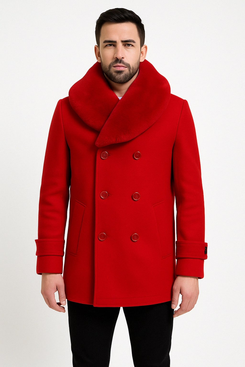 Mens Peacoat Color Red Color - Wool Overcoat with Faux Fur Shawl Colla ...