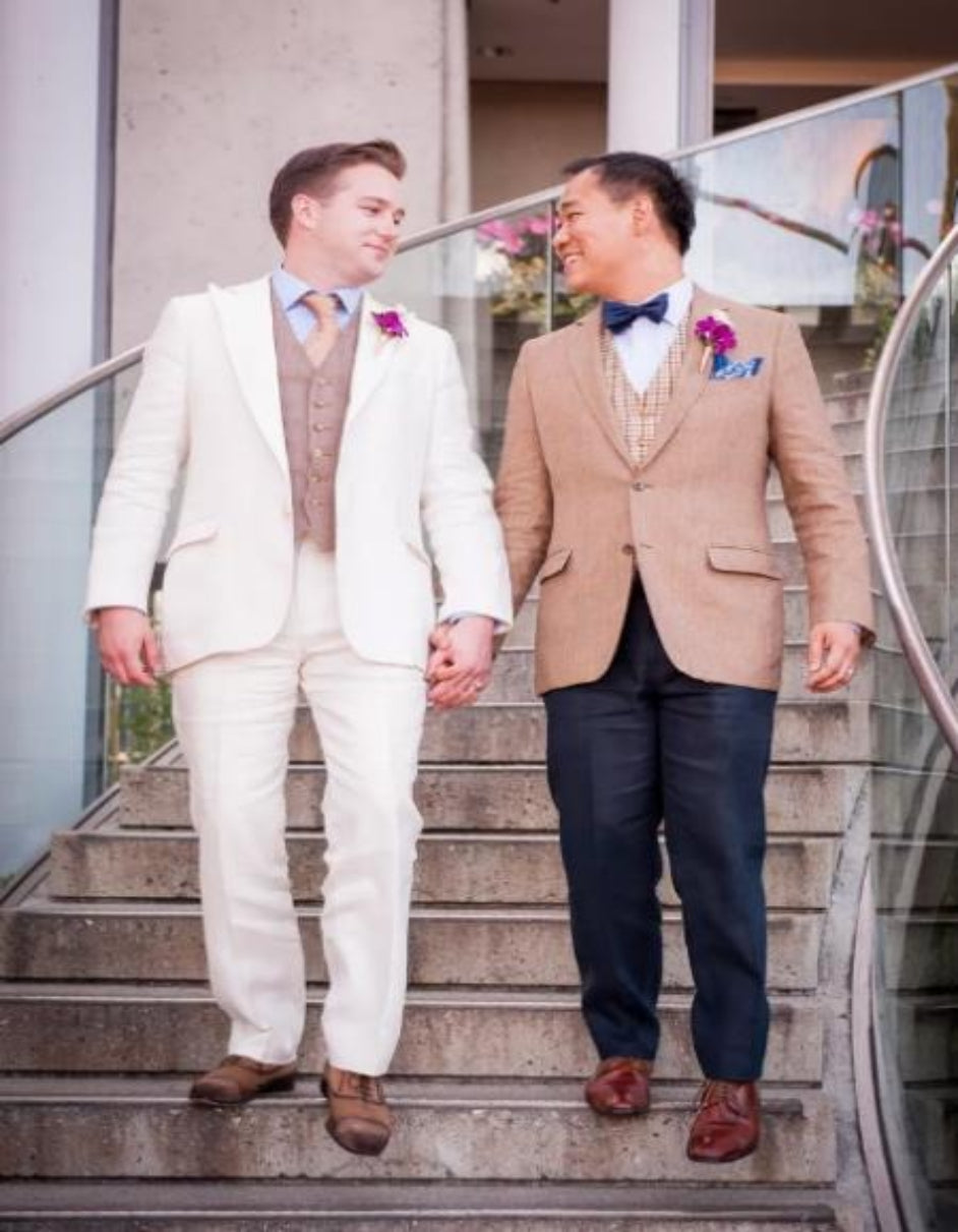 Men's Peak Lapel Costume Outfit Male Attire Peach Cream Suit — MensUSA