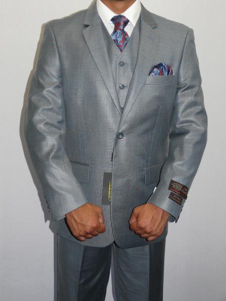 Men's Three Piece Vested Suit Shinny Sharkskin Ocean Blue — MensUSA
