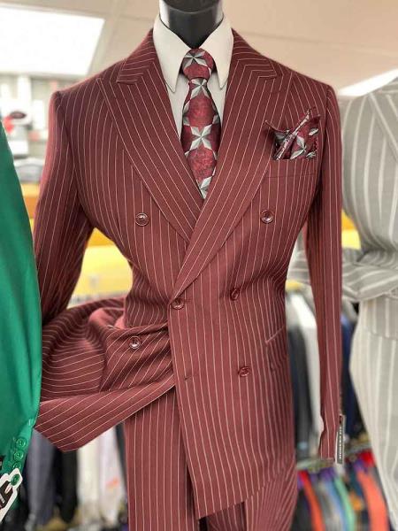 Mens Six Button Peak Lapel Double Breasted Maroon Suit — MensUSA