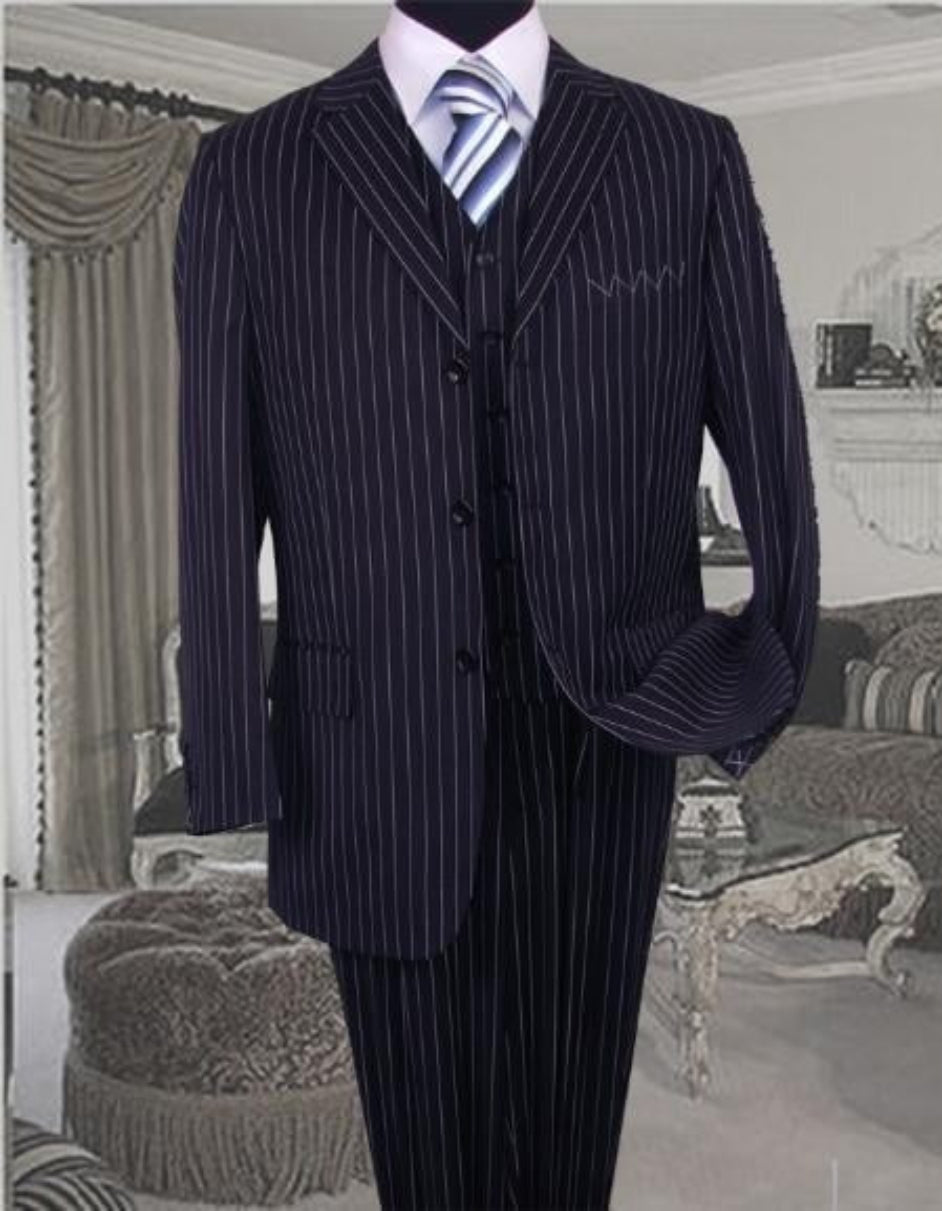 Mens Three Piece Suit - Vested Suit Navy Bold Chalk Pronounce 3 Piece ...