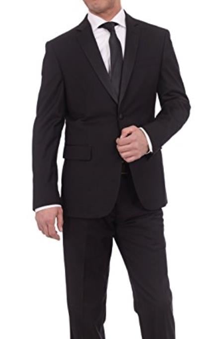 Men'S Slim Fit Solid Black Two Button Tuxedo Suit With Satin Lapel (We ...