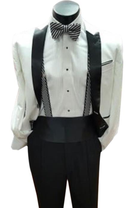 Men's Two Button Closure White Tuxedo Include Black & White Stripe Bow ...