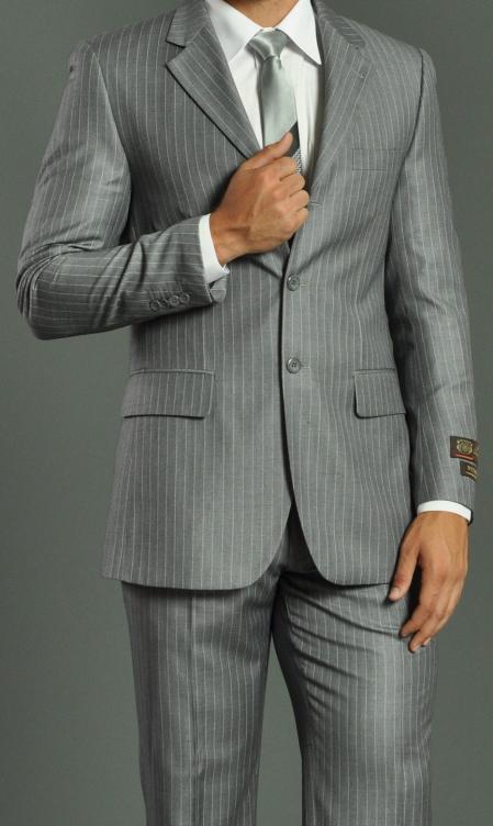 Men'S Two Buttons Light Grey Stripe ~ Pinstripe Suit No Pleated Pants ...