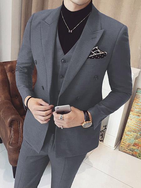 Men's Vested Double Breasted Suits 3 Piece Grey — MensUSA