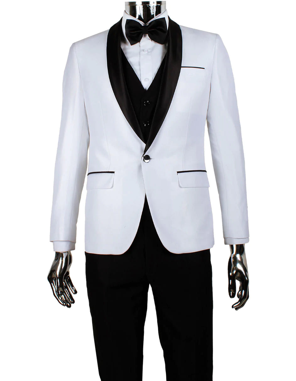 Mens 1 Button Shawl Lapel Vested Wedding | Prom Tuxedo in White Sharks ...