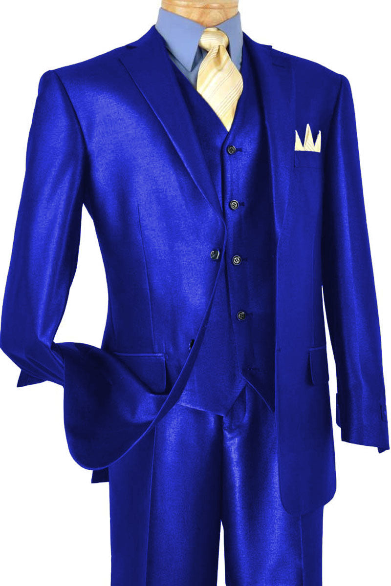Mens Classic Vested Shiny Sharkskin Blue Suit — MensUSA