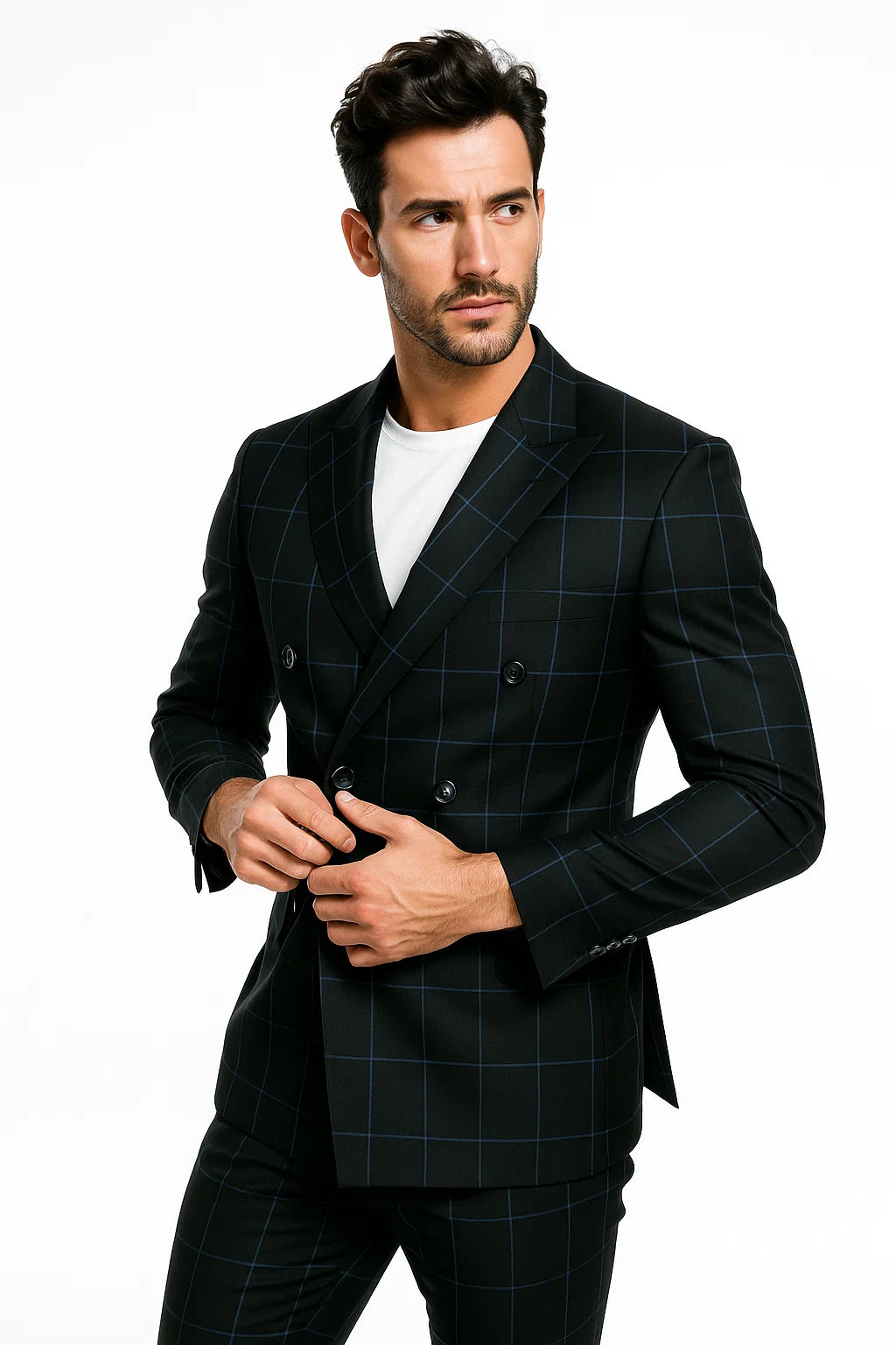 Mens Double Breasted Bold Windowpane Suit in Black — MensUSA