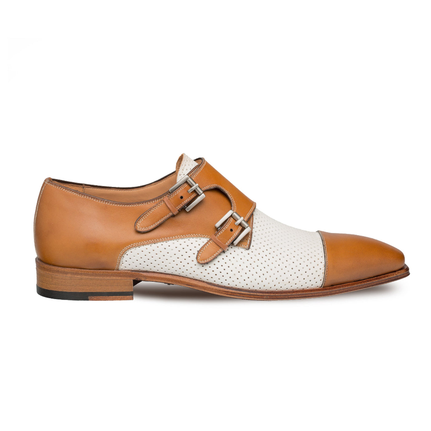 Mens Mezlan Saber Two Tone Calfskin Monk Strap Dress Shoe in Honey & W ...
