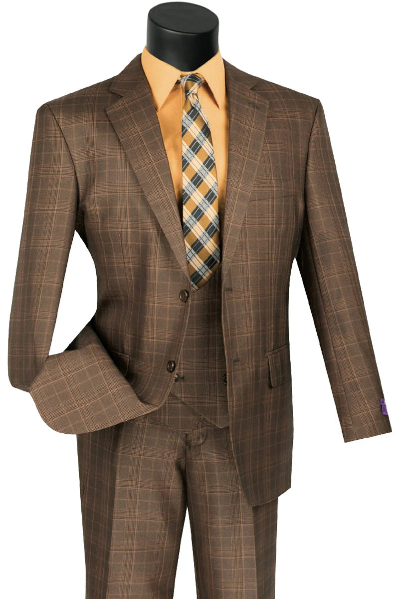Mens Classic Fit Low Cut Vest Glen Plaid Suit in Chestnut — MensUSA