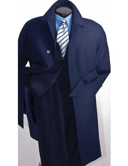 Navy Blue Men's Full Length Wool Overcoat Belted Wool Overcoat — MensUSA